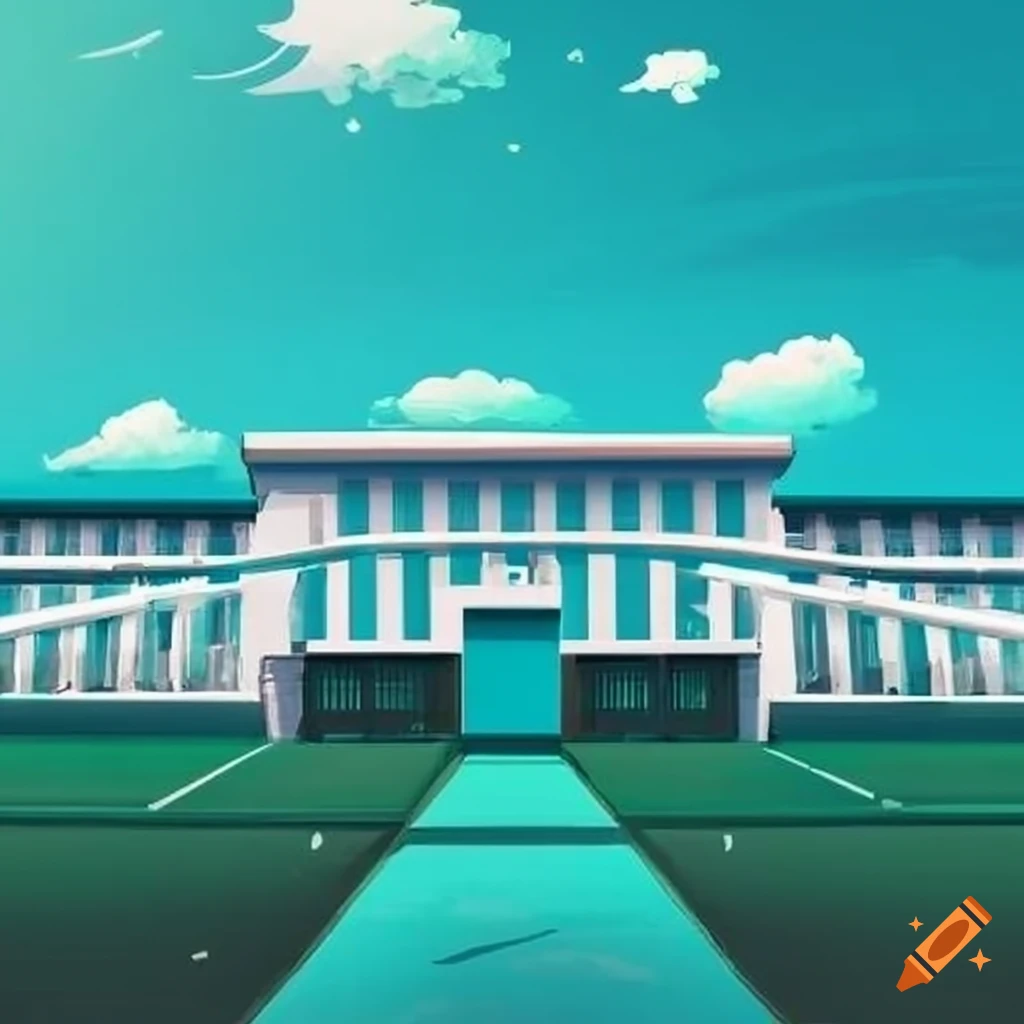 Anime-style blue, teal, and cyan school with a white fence in a ...