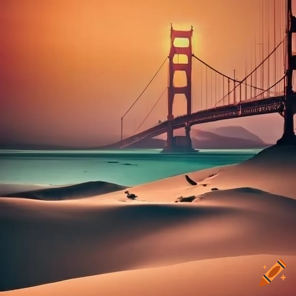 Partly sunken and damaged Golden Gate Bridge in a desert with high sand ...