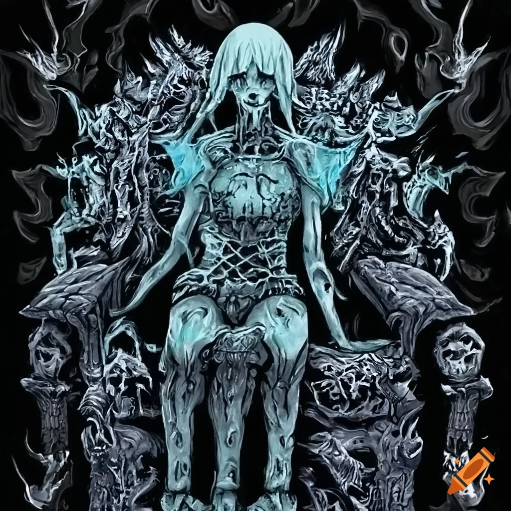 Undead ice queen on throne of skulls surrounded by horde of zombies on ...