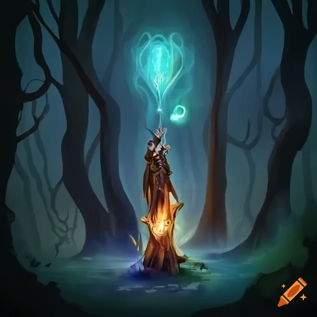 Magical mage in a forest with elements and energy flowing around on Craiyon