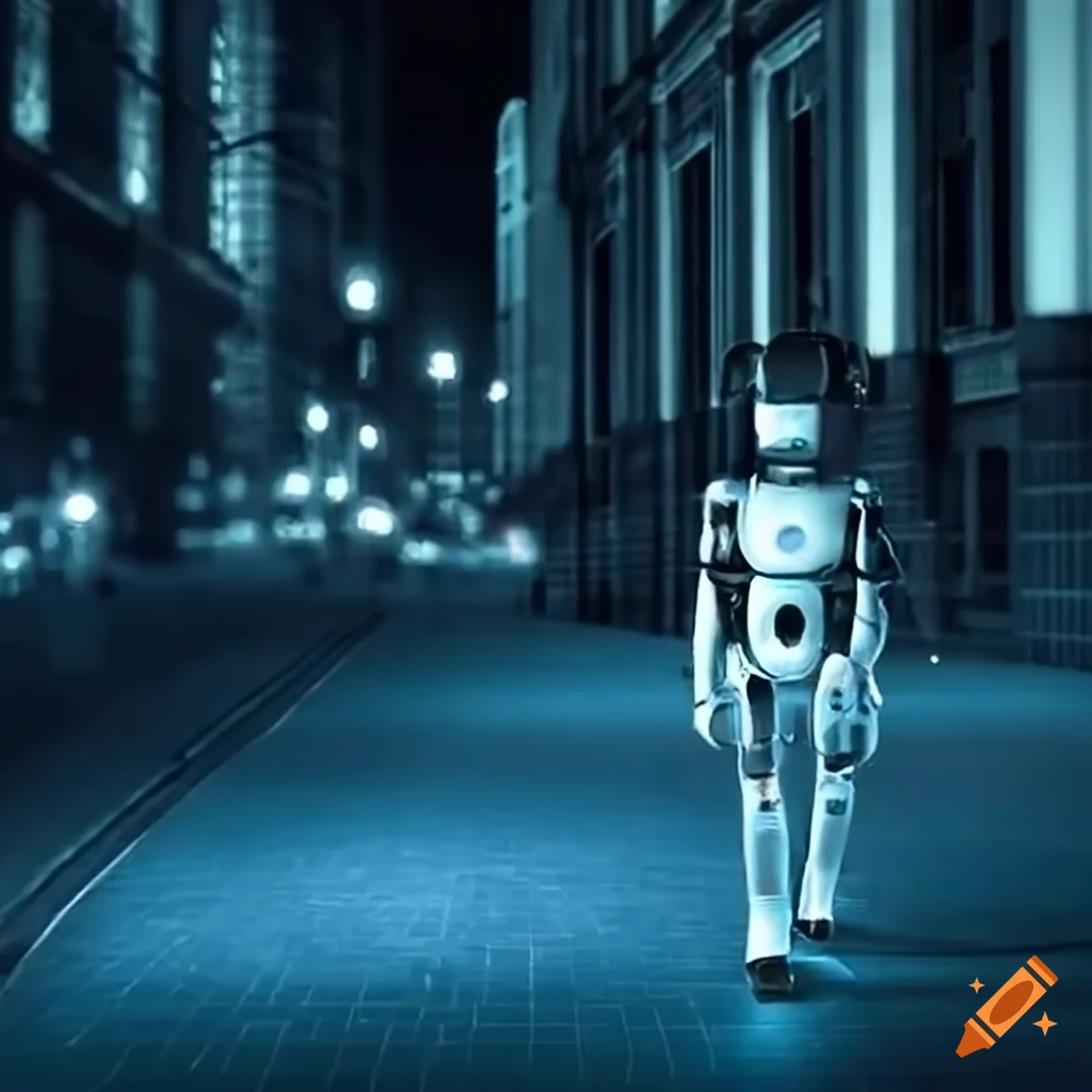 Humanoid robots walking on a city street on Craiyon