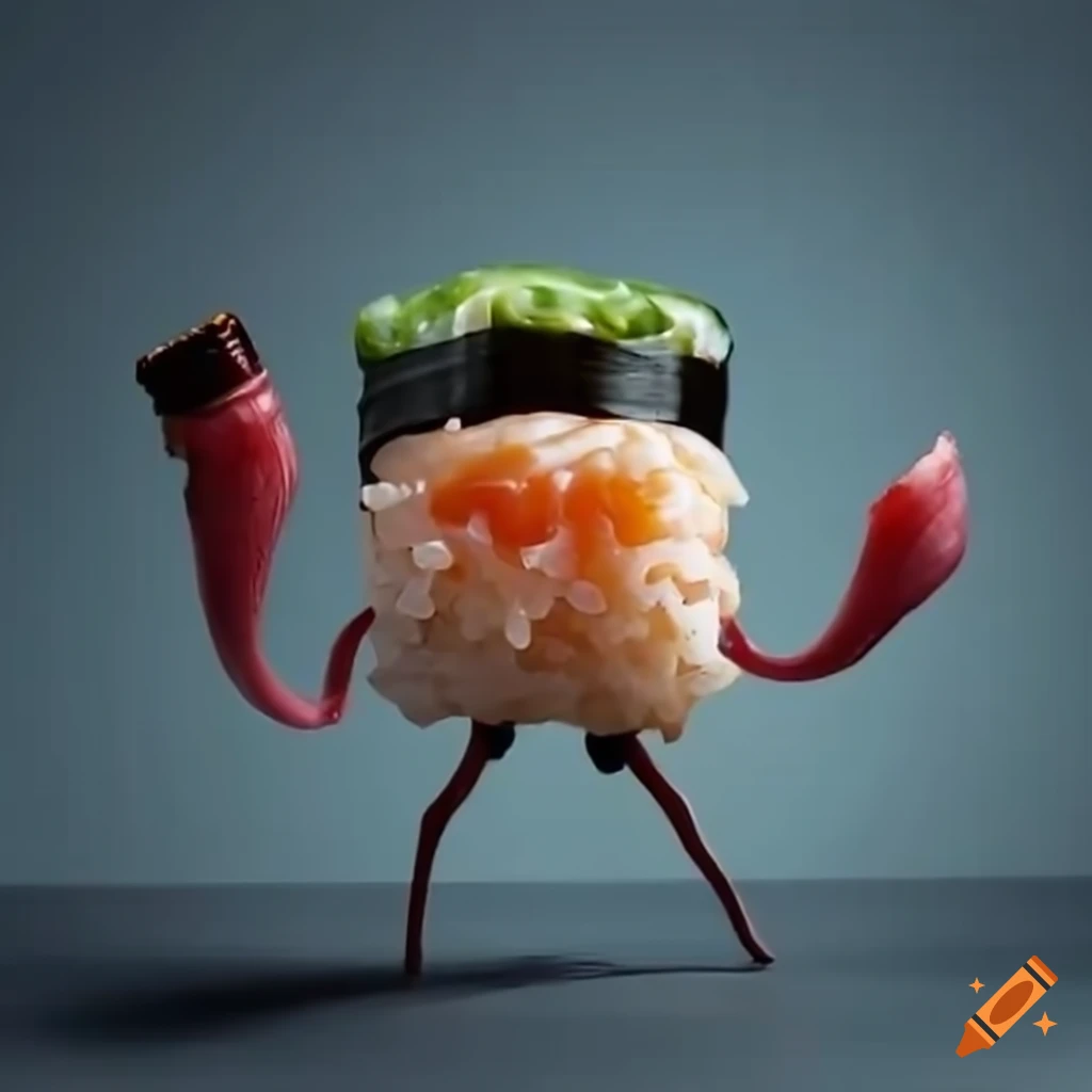 Surreal sushi roll with human legs running from soy sauce bottle on Craiyon