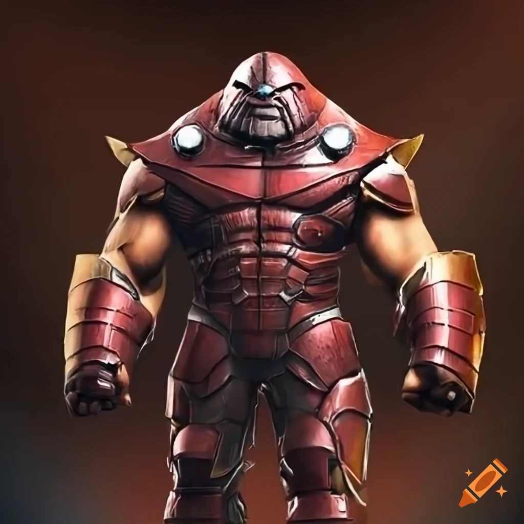 Juggernaut in armor similar to Thor and Thanos mixed, with red faceted ...