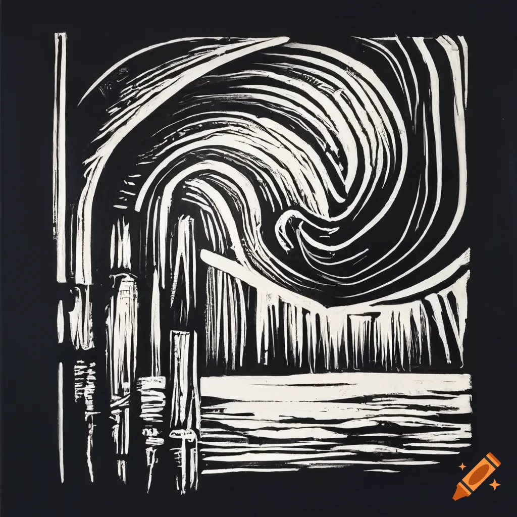 Black and white linocut etching of a echoing chasm on Craiyon