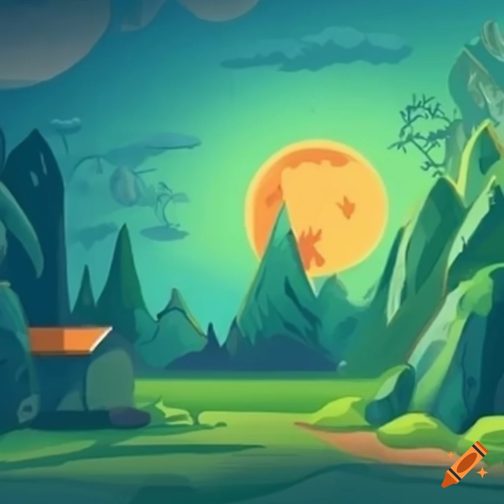 Enchanting cartoon environment with warm orange accents and lush green ...