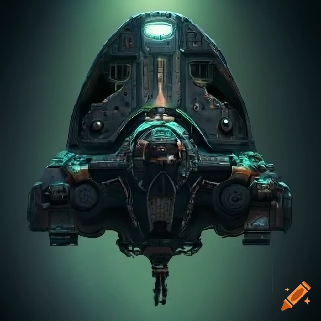 Surrealist scene of aliens inside an organic spaceship with strange machines and light boards on ...