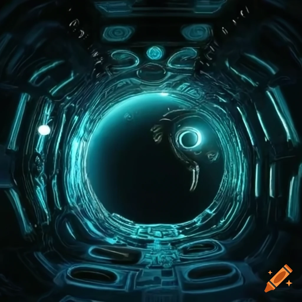 Surreal alien visit inside asymmetrical organic spaceship with strange machines and light boards ...