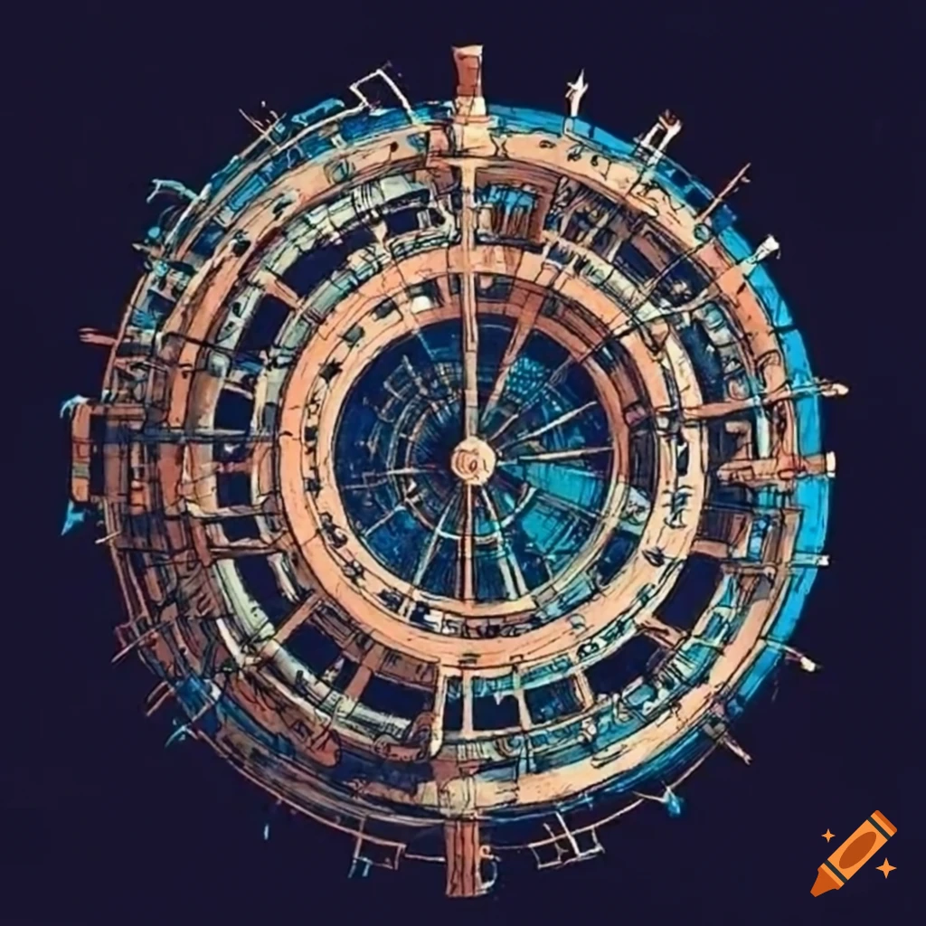 Diagram of a complex circular space station with clocklike hands on Craiyon