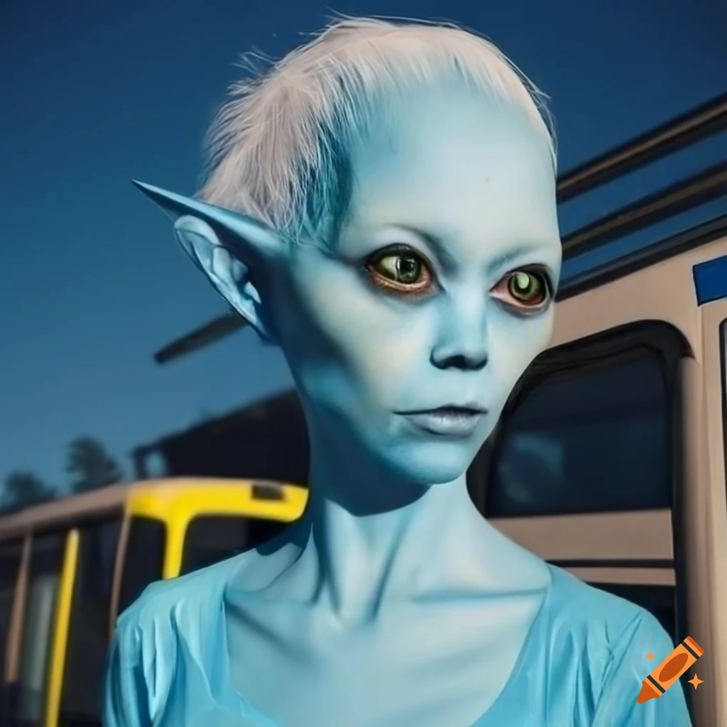 Blue-skinned alien woman with white hair in a bus on a sunny day on Craiyon
