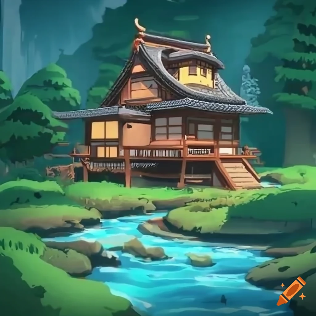 Japanese cartoon house surrounded by trees with a stream flowing by on Craiyon