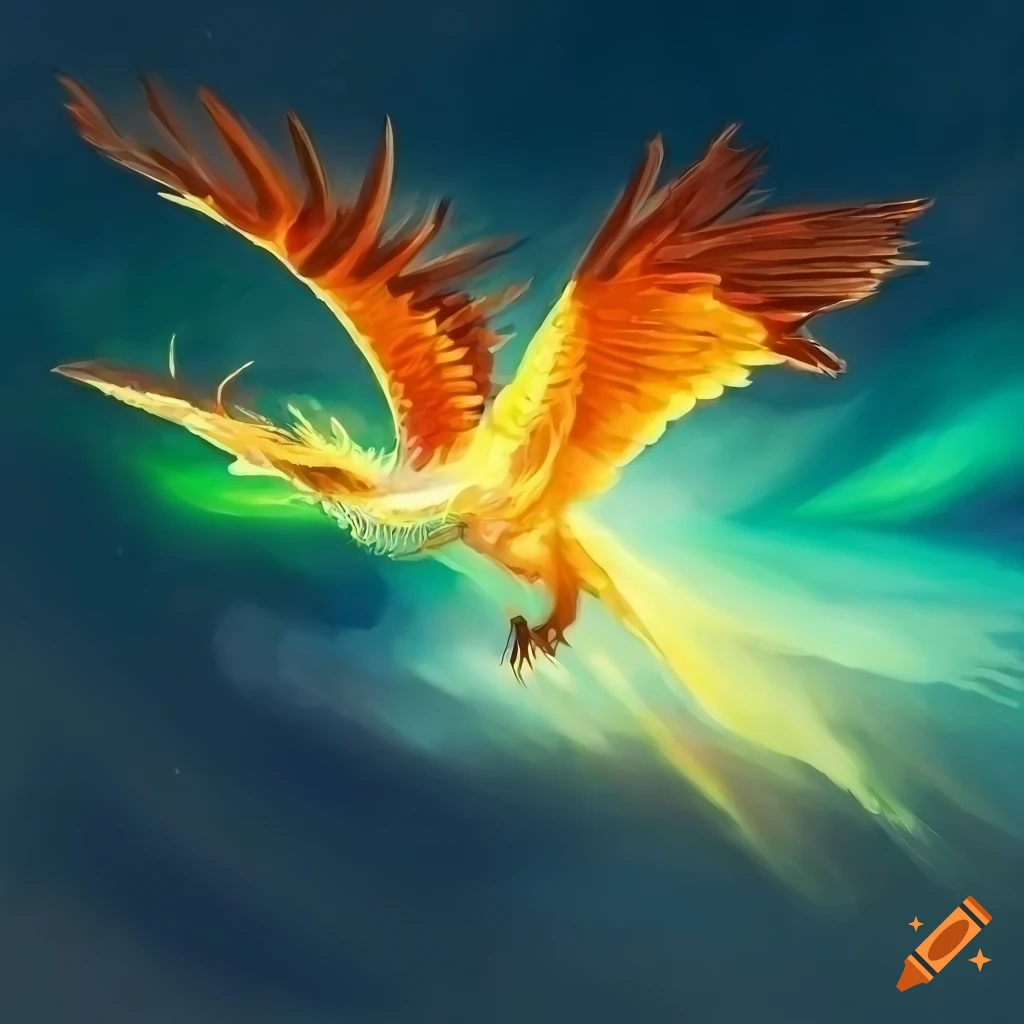 Fire dragon bird hybrid soaring in a dark sky with aurora borealis on ...