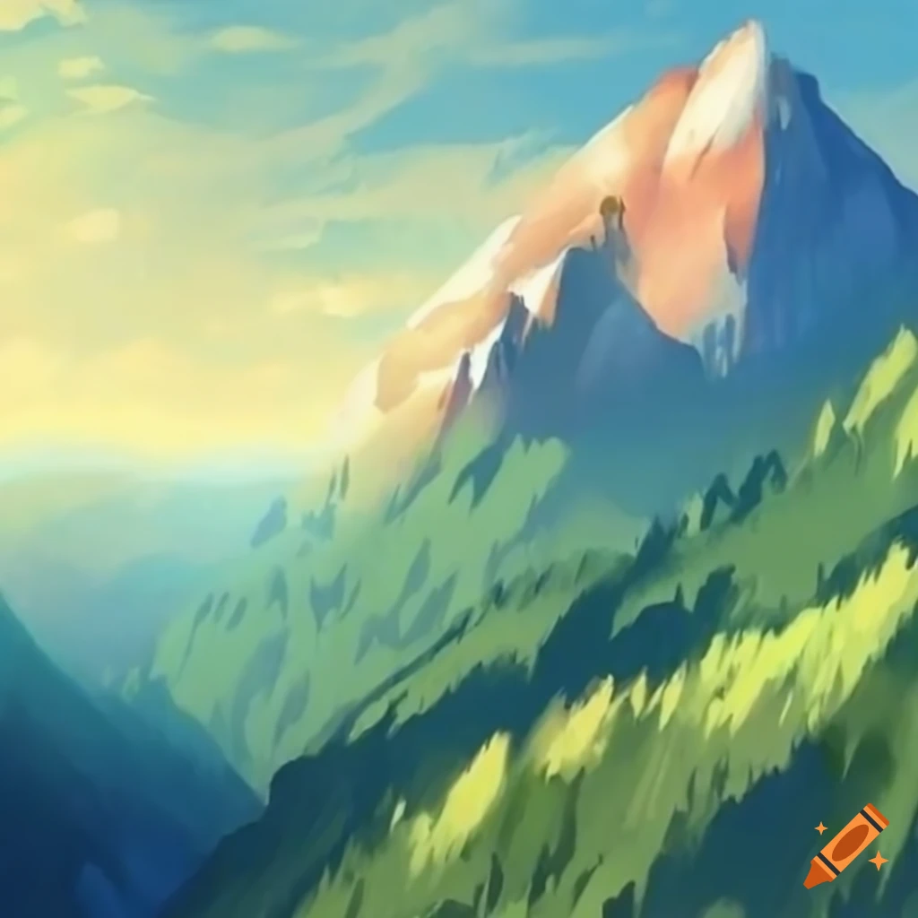 Towering mountains against a realistic morning sky in a paintbrush ...