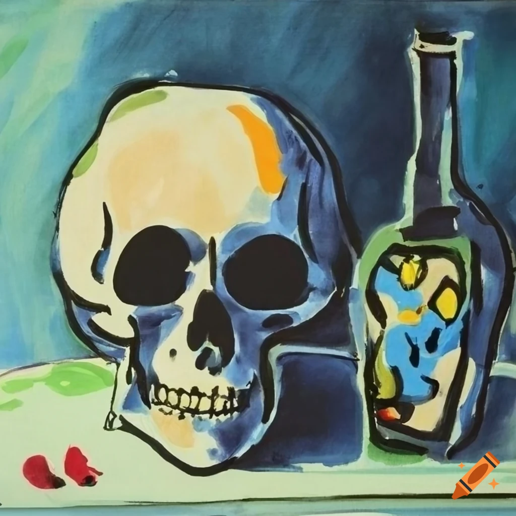 Henri Matisse ink drawing of a still life with skull, fruit, and ...