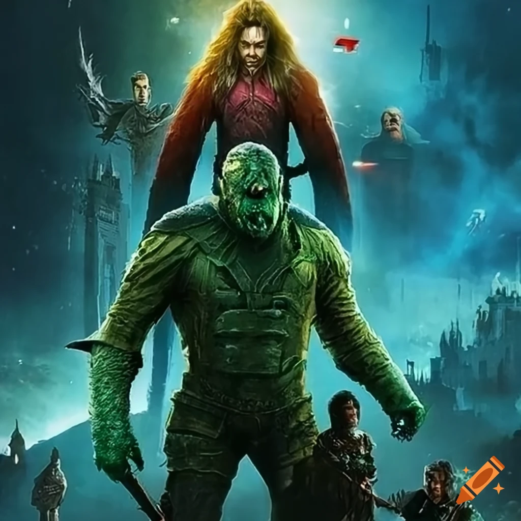 High fantasy movie poster featuring monsters, heroes, and a dark castle ...