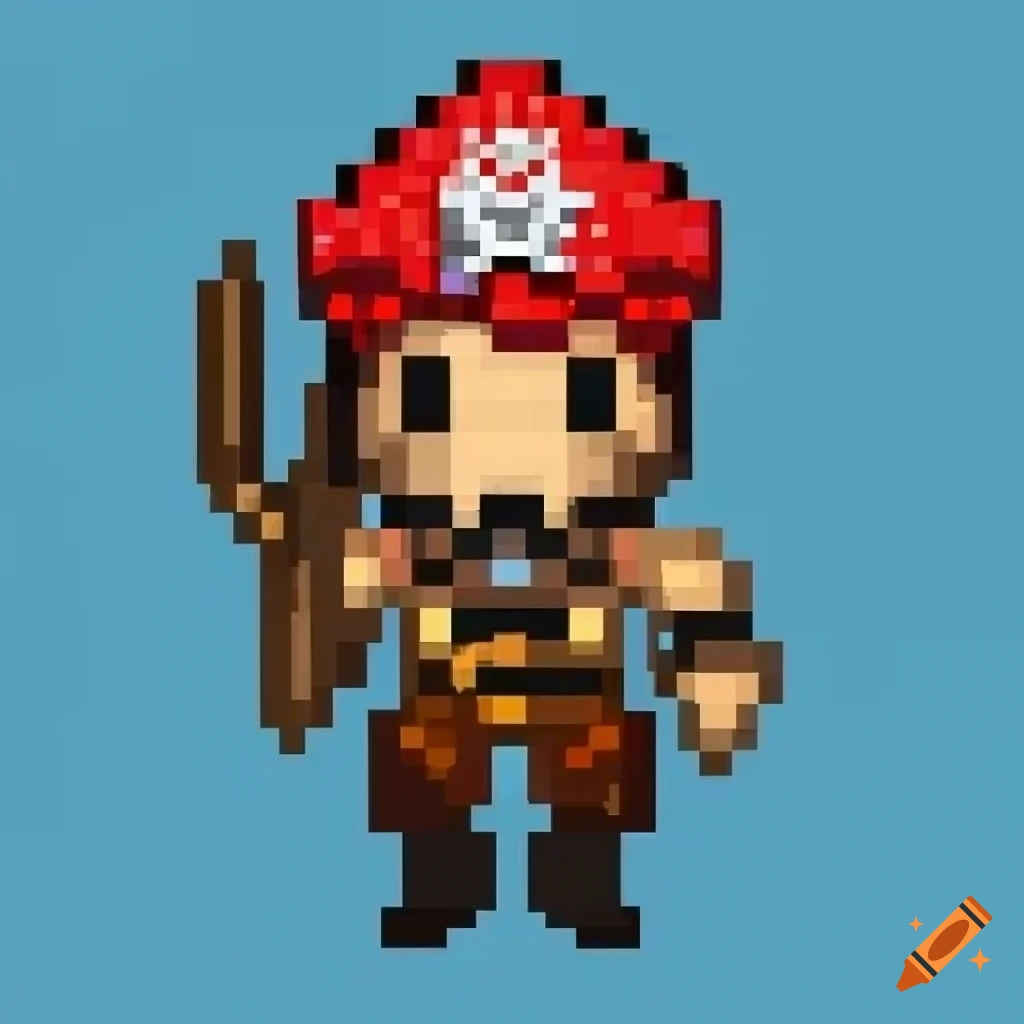 Pixel art of a pirate in 64 x 64 resolution on Craiyon