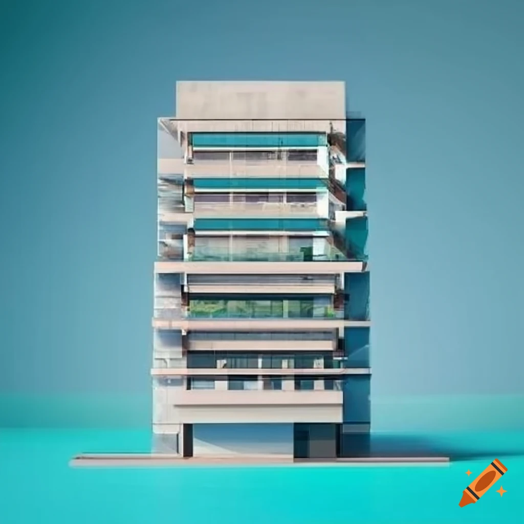Modern building with concrete and glass walls and large windows on Craiyon