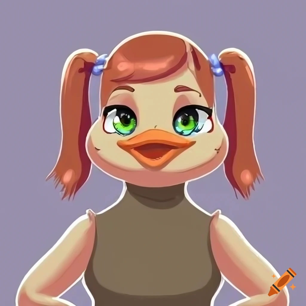 Chubby duck girl with red hair and green eyes in sleeveless turtleneck with arms crossed on Craiyon