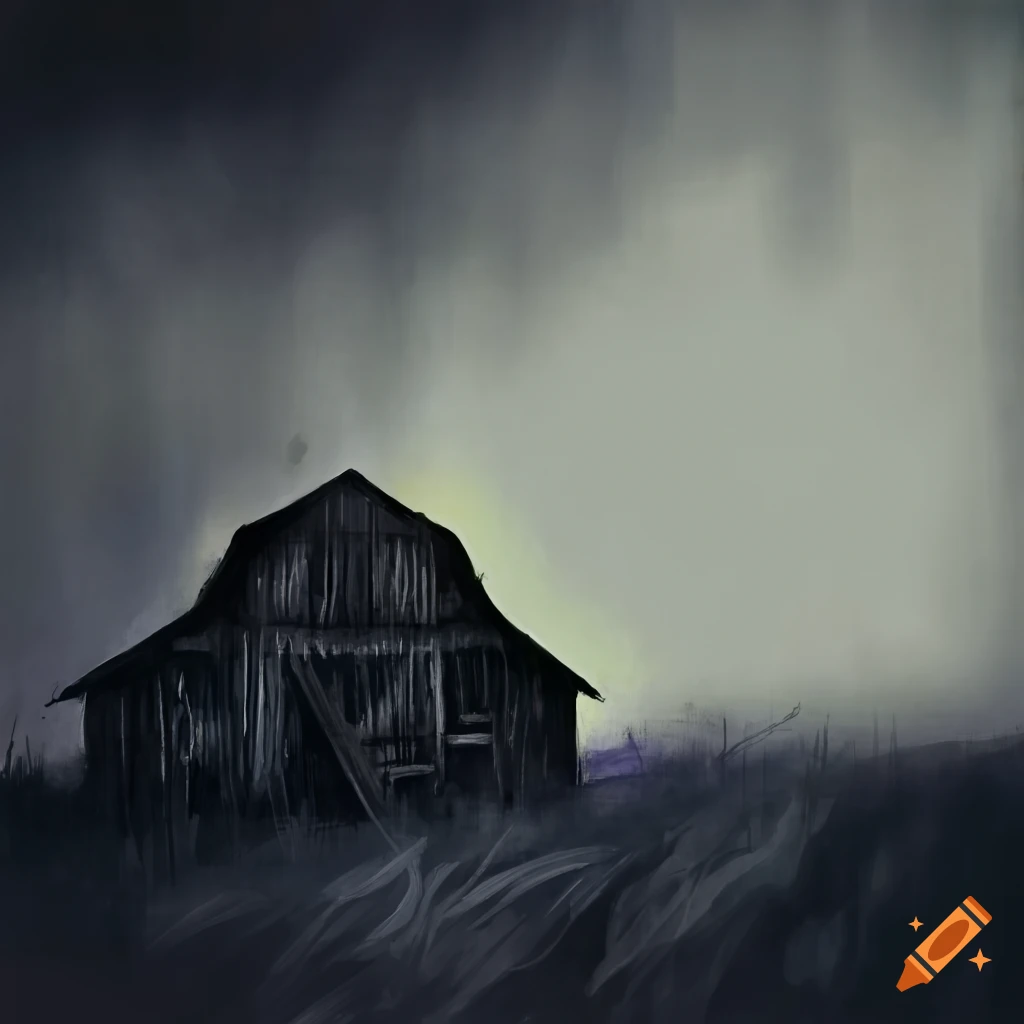 Dark barn in the distance on a field in an old horror painting on Craiyon