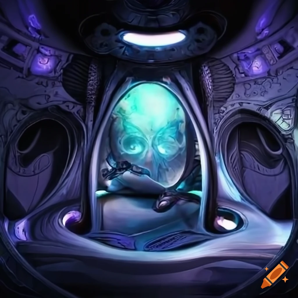 Surrealist aliens inside an asymmetrical organic spaceship with strange machines and light ...