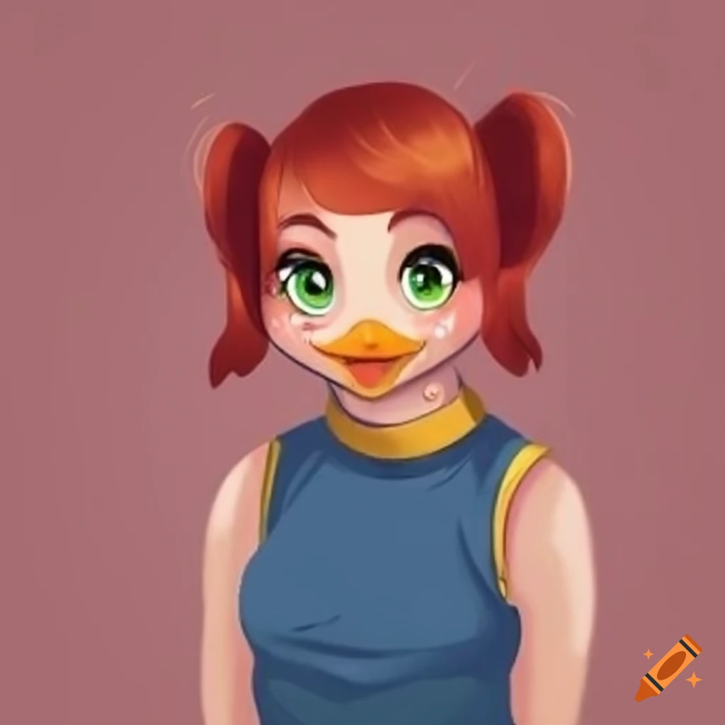 Disney-styled chubby anthropomorphic duck girl with red hair and green ...