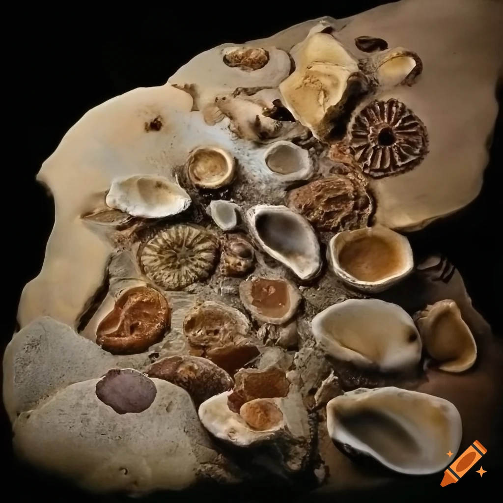 Collection of fossils on the sea floor including dinosaur teeth, oyster ...