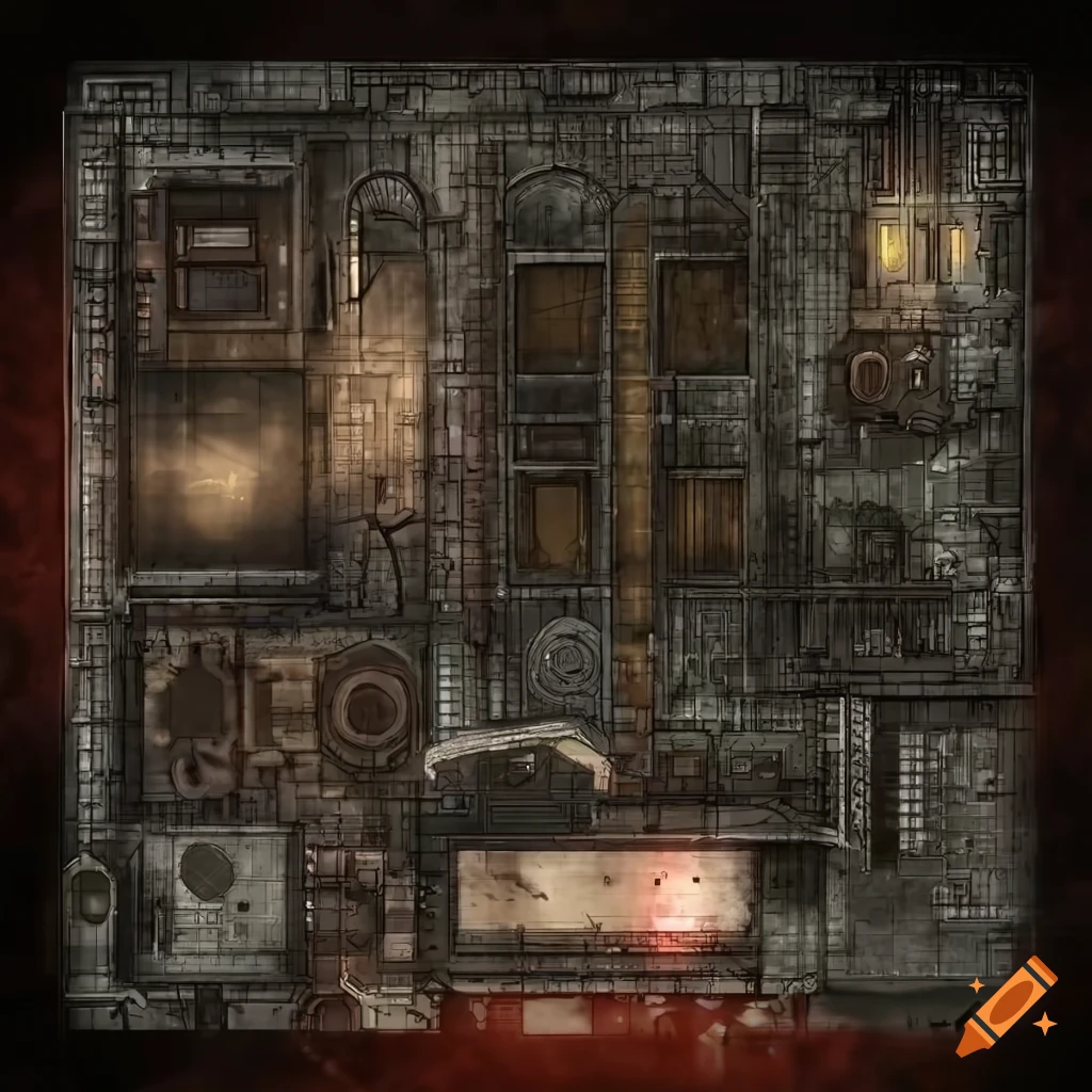 Gothic futuristic factory tabletop RPG map with cluttered machinery on ...