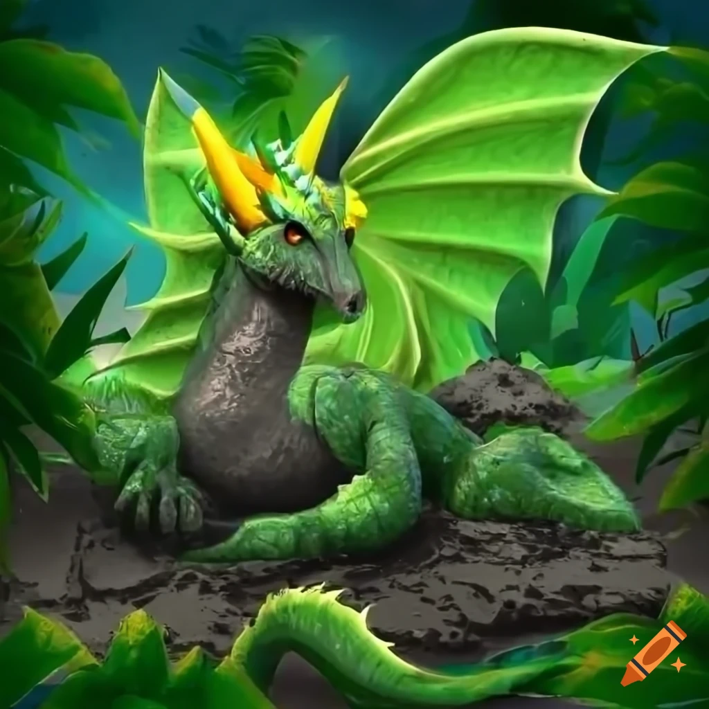 Green-yellow unicorn-dragon hybrid sinking into mud in a lush jungle on ...