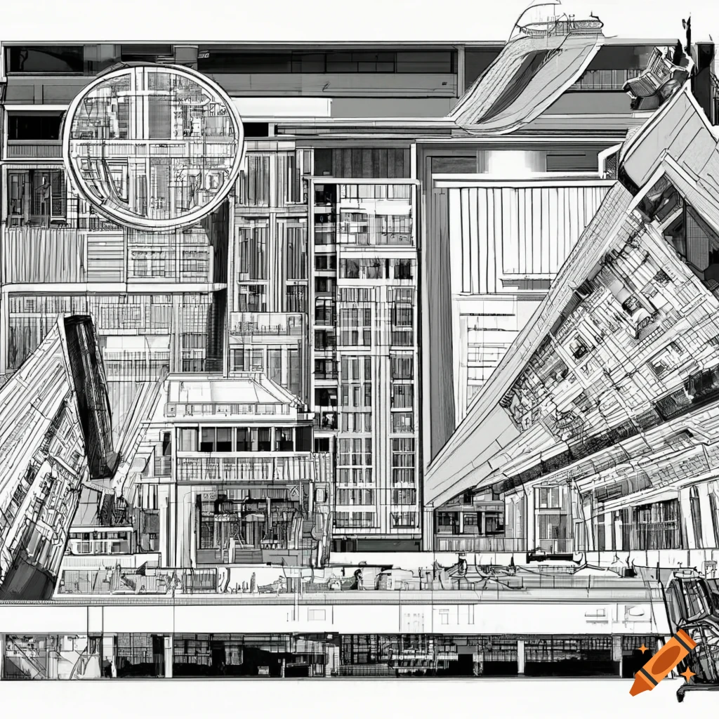 Blueprint of a modern, green, and sustainable community center with ...