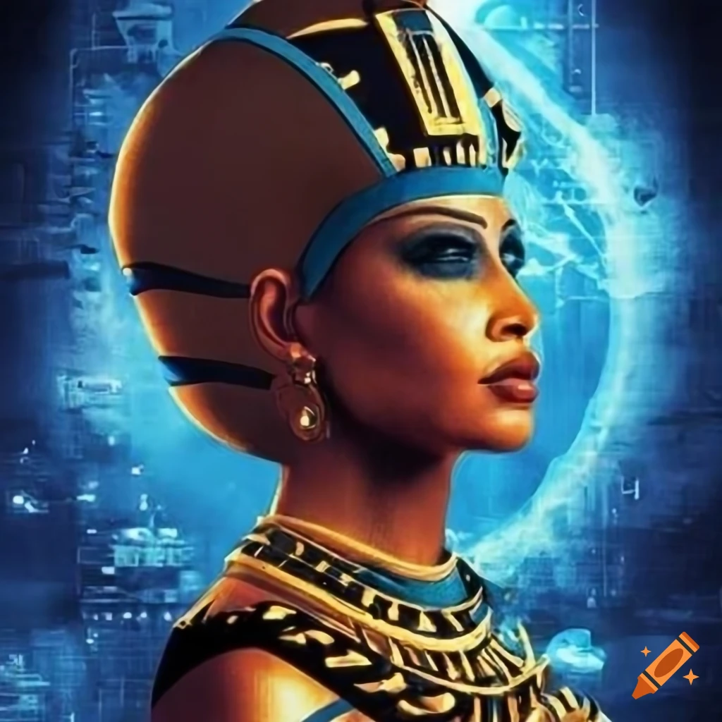Utopian science fiction movie poster featuring a futurist Egyptian queen on Craiyon