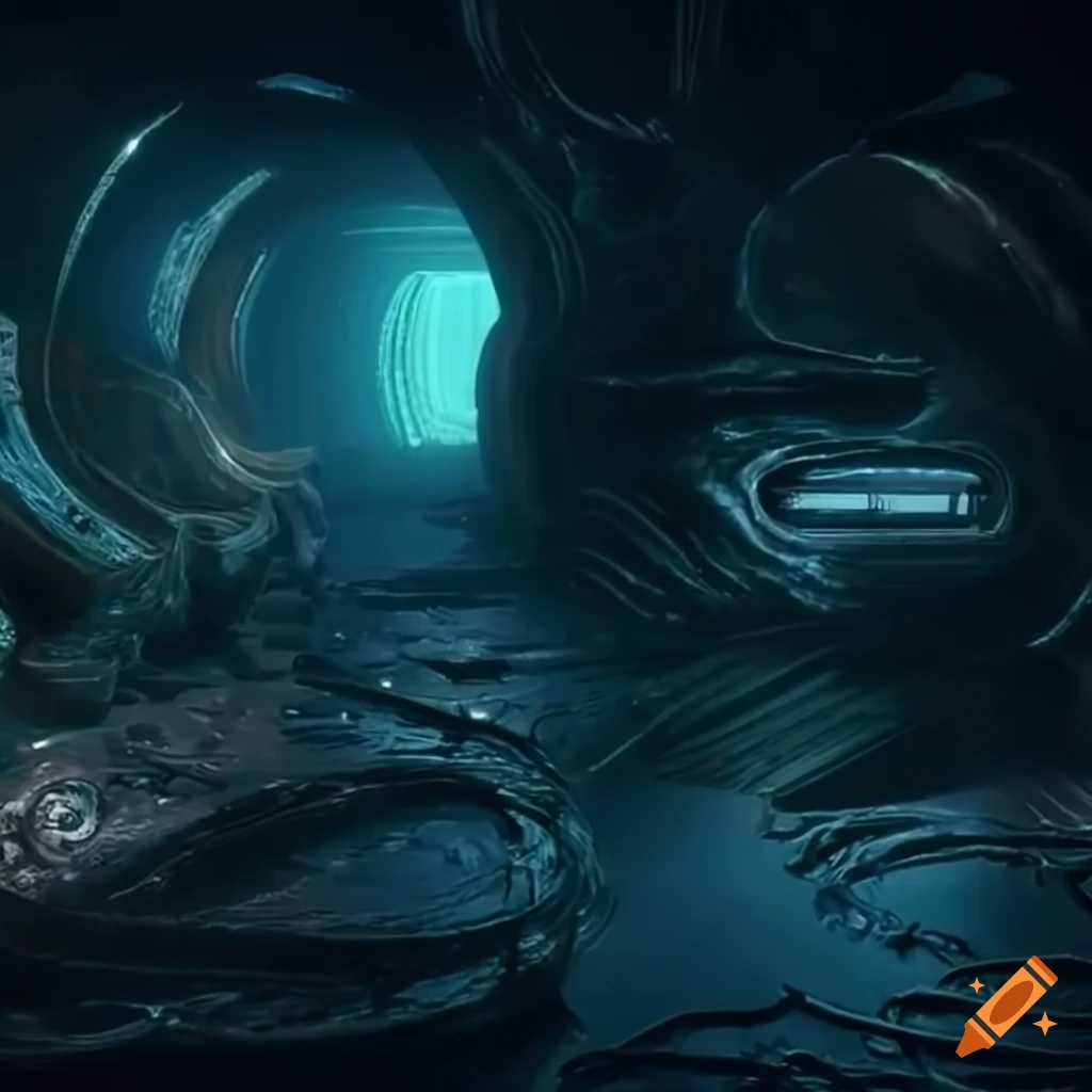 Surrealist aliens inside asymmetrical organic spaceship with strange machines and light boards ...