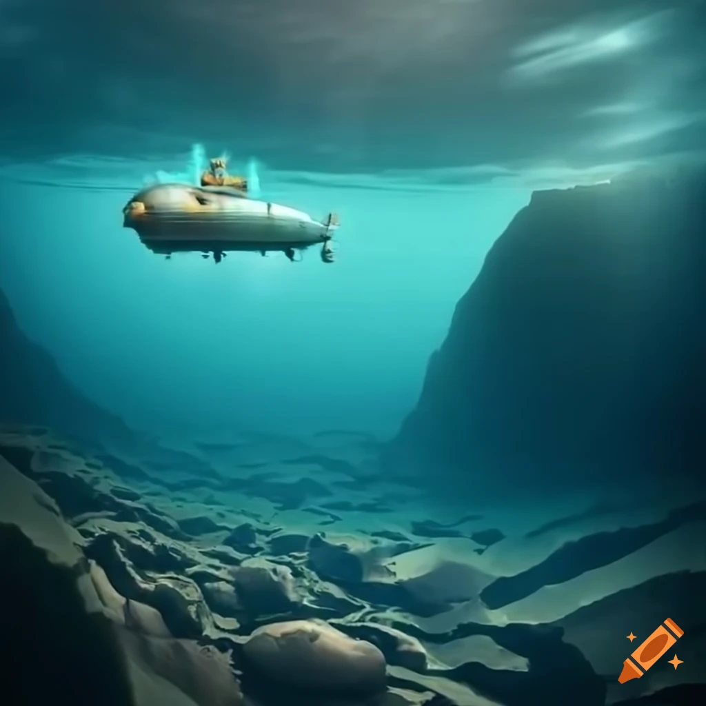 Deep sea canyon with steampunk submarine and bubbles over sandy ground ...