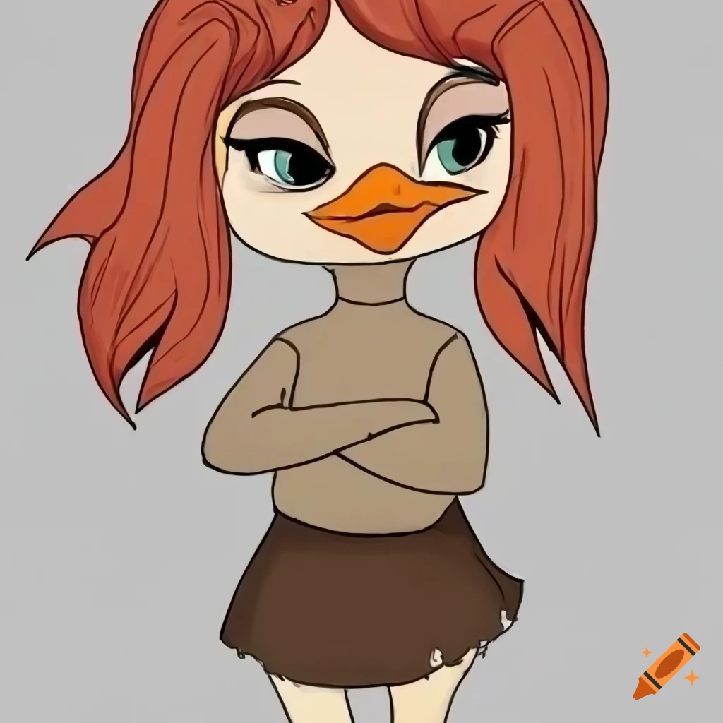 Chubby anthropomorphic duck girl with red hair and green eyes on Craiyon