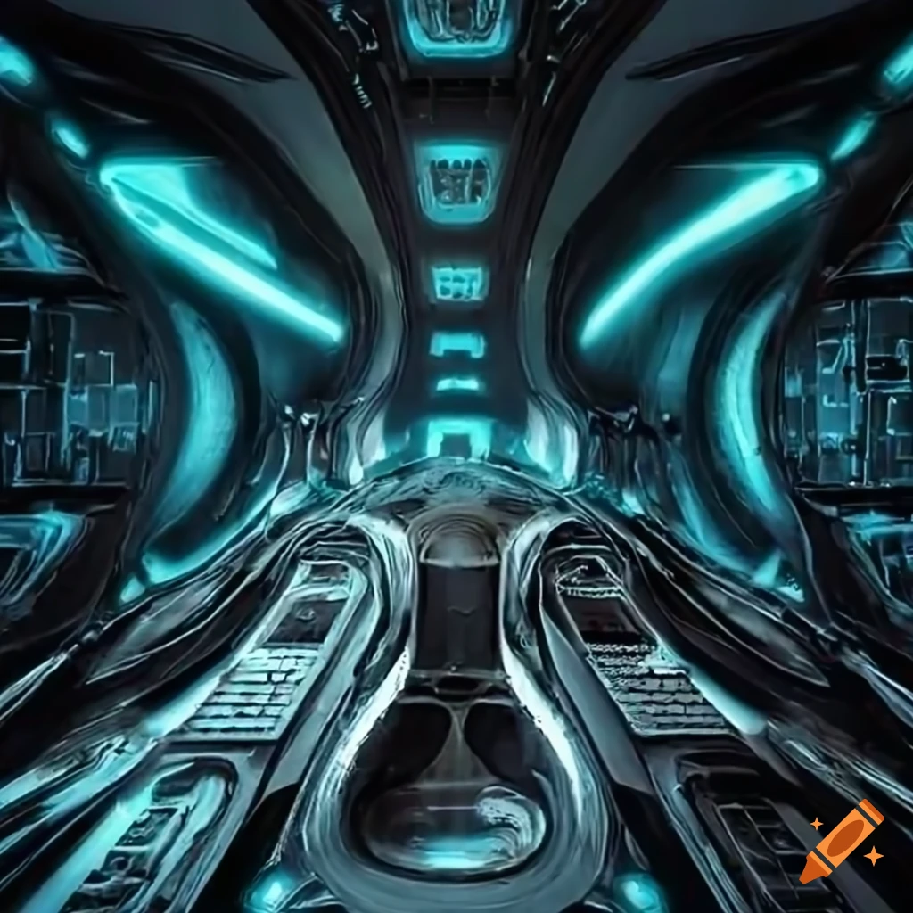 Surrealist aliens exploring asymmetrical organic spaceship with strange machines on Craiyon