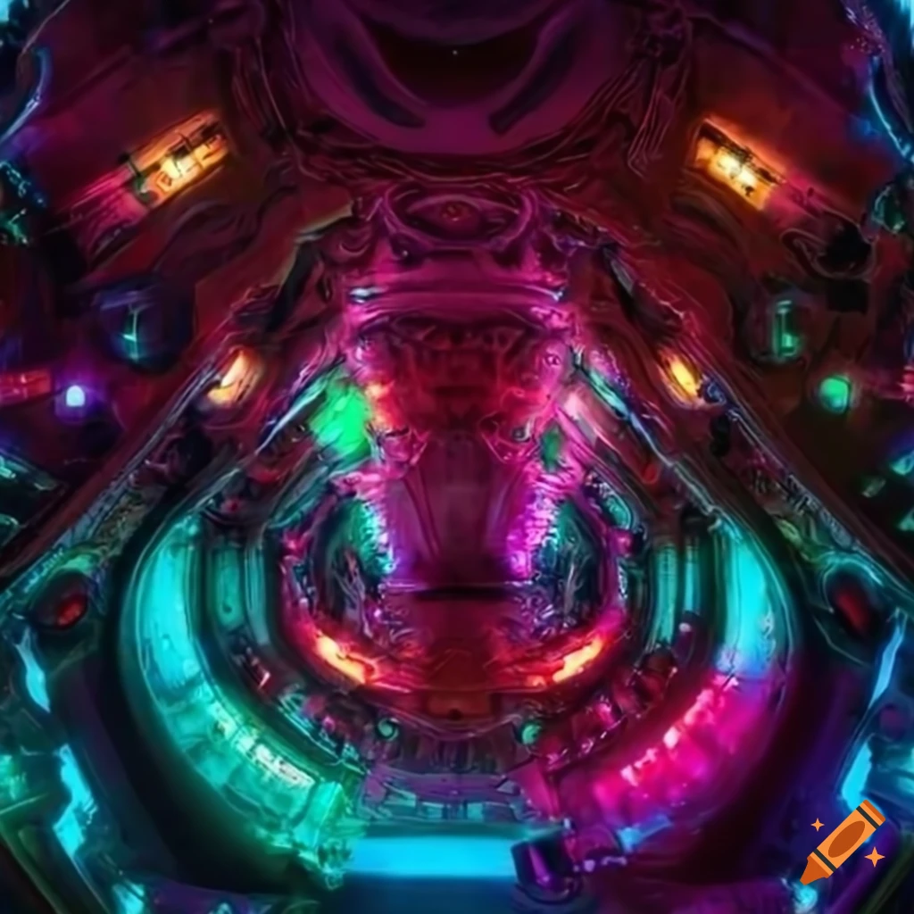 Surrealist scene with aliens inside an organic spaceship with strange machines on Craiyon