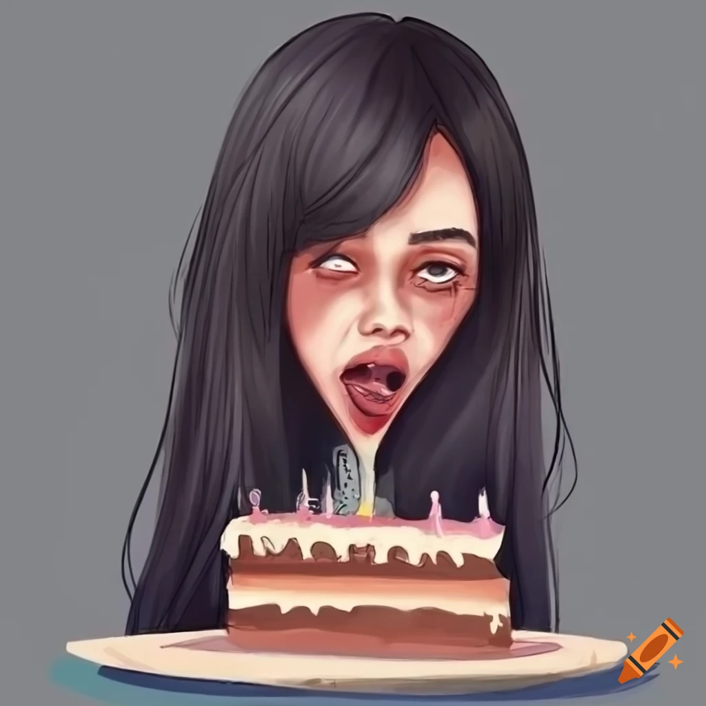 Long black haired woman devouring cake in a caricature representation ...