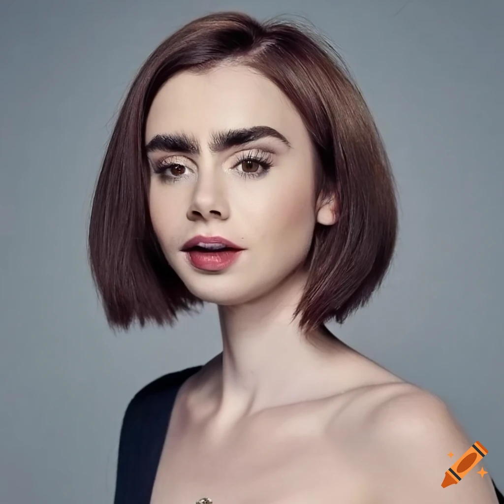 Lily collins with short dark brown bob haircut on Craiyon