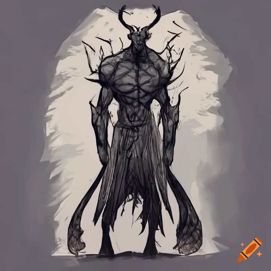 Black-and-white game concept art of eldric the shattered, a demon ...