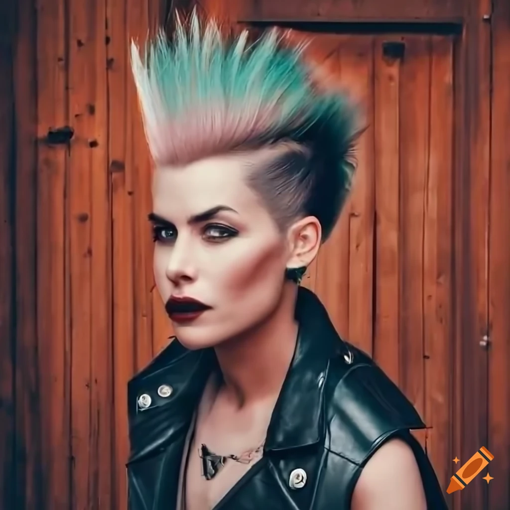 English punk-rocker woman with mohawk hairstyle standing in doorway of ...
