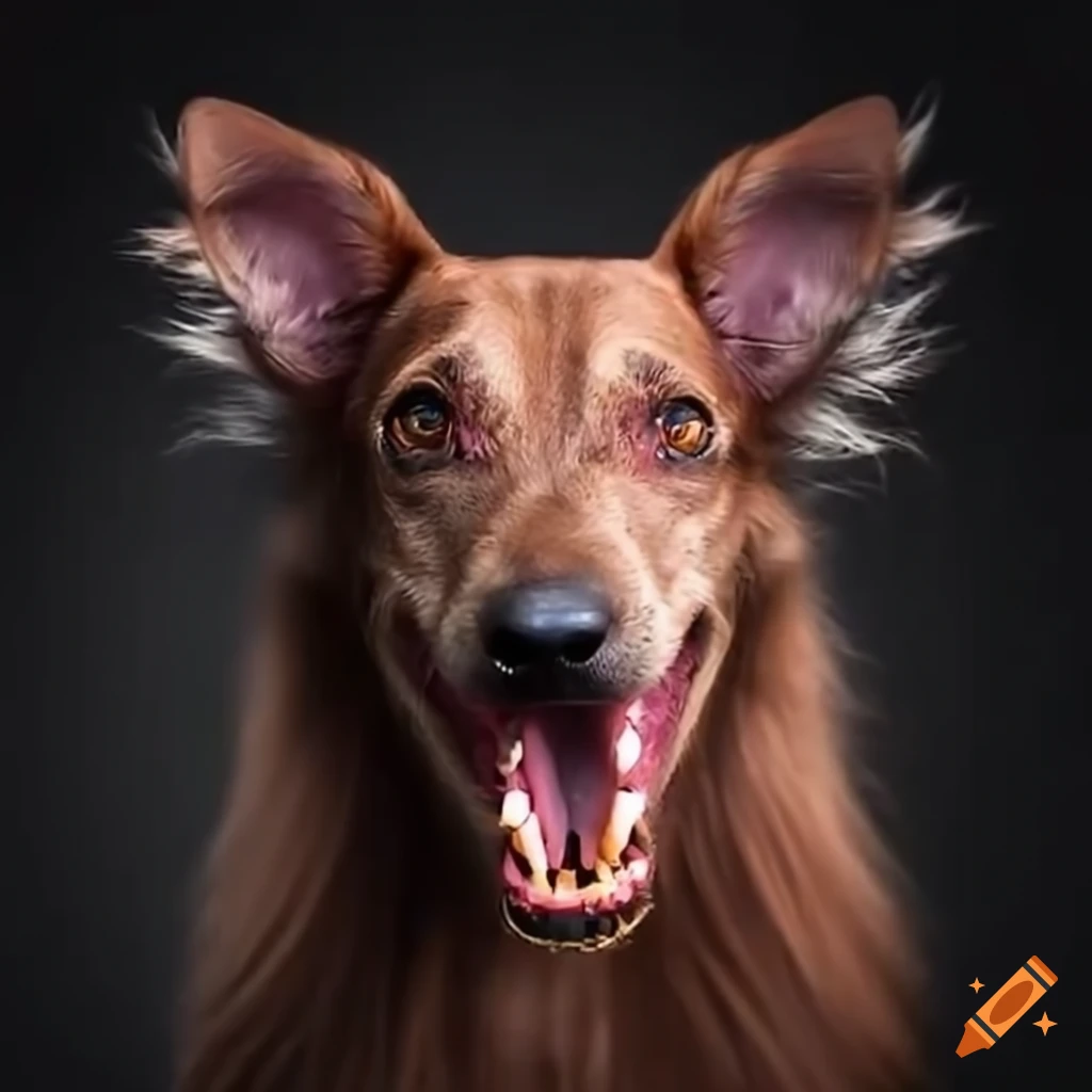 Unusual dog with two legs, two hands, vampire teeth, and long hair on ...