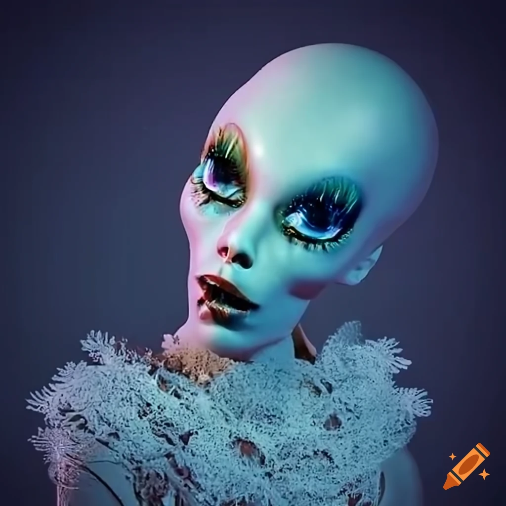 Surrealist alien visit inside organic spaceship with vintage computer ...