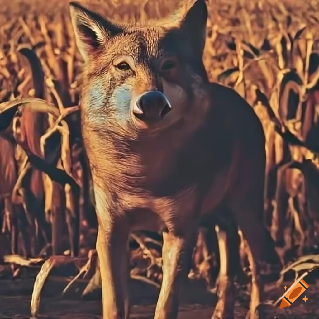 Mythical creature with wolf body and pig mouth in a cornfield at dusk ...