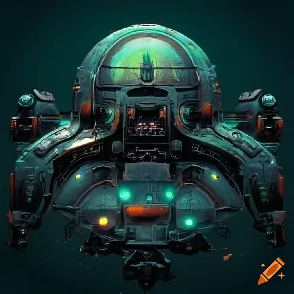 Surrealist aliens inside asymmetrical organic spaceship with strange machines and light boards ...