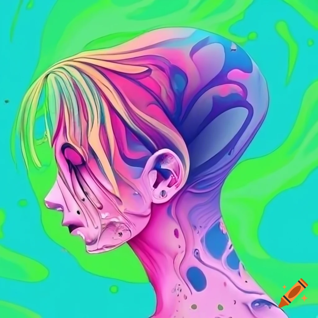 Vibrant expression of joy in pink, blue, and green fluid shapes on Craiyon