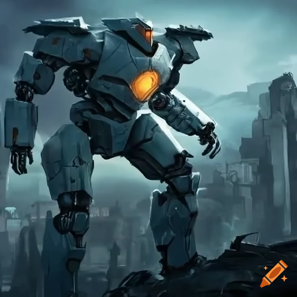 Giant combat mecha in Pacific Rim style in a beautiful white war scene ...