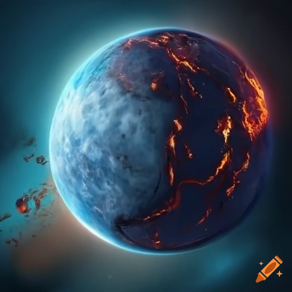 Sci-fi planet exploding into pieces orbiting a dense atmosphere with ...