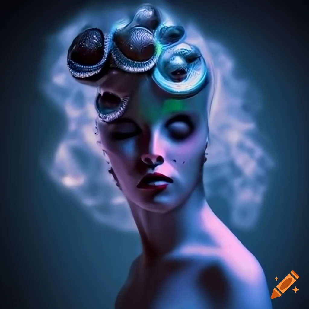 Surrealist aliens inside an organic spaceship with 1960's christmas ...