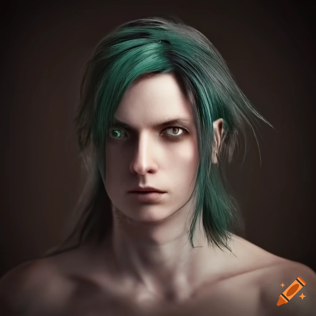 Closeup of squinting Gothic male in green freedom fighter attire on Craiyon