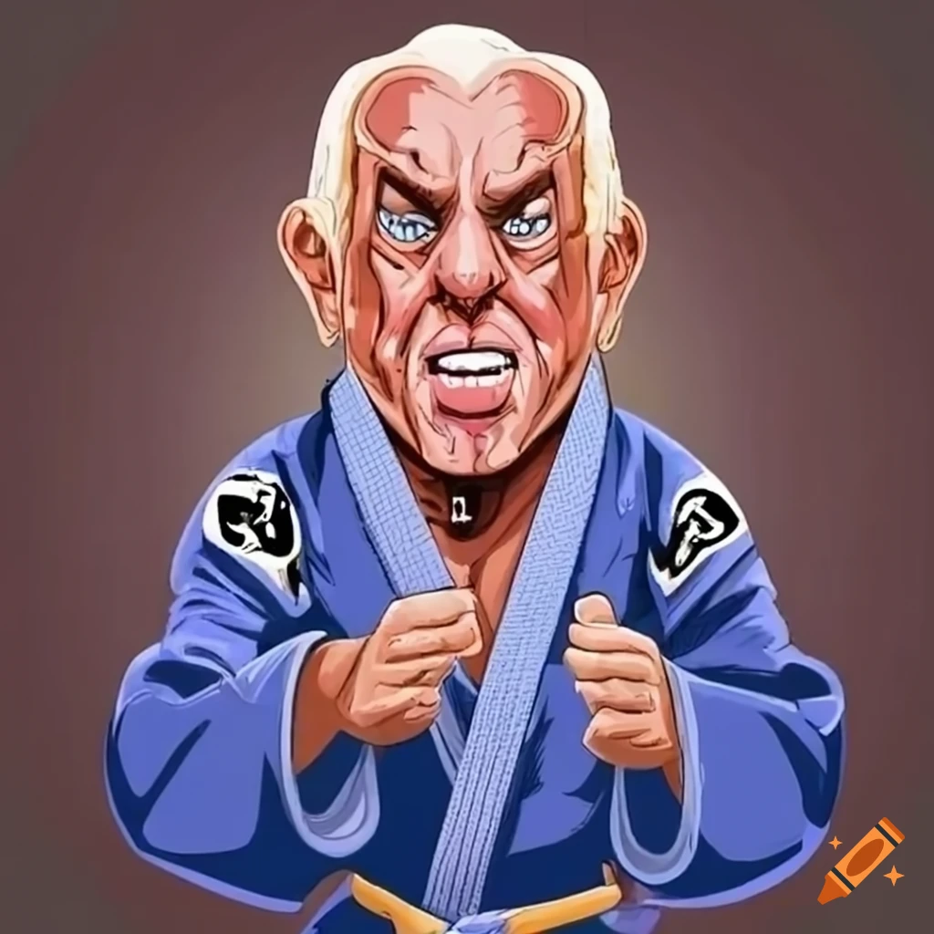 Cartoon style of Rick Flair in a jiu jitsu gi doing his signature whoo ...
