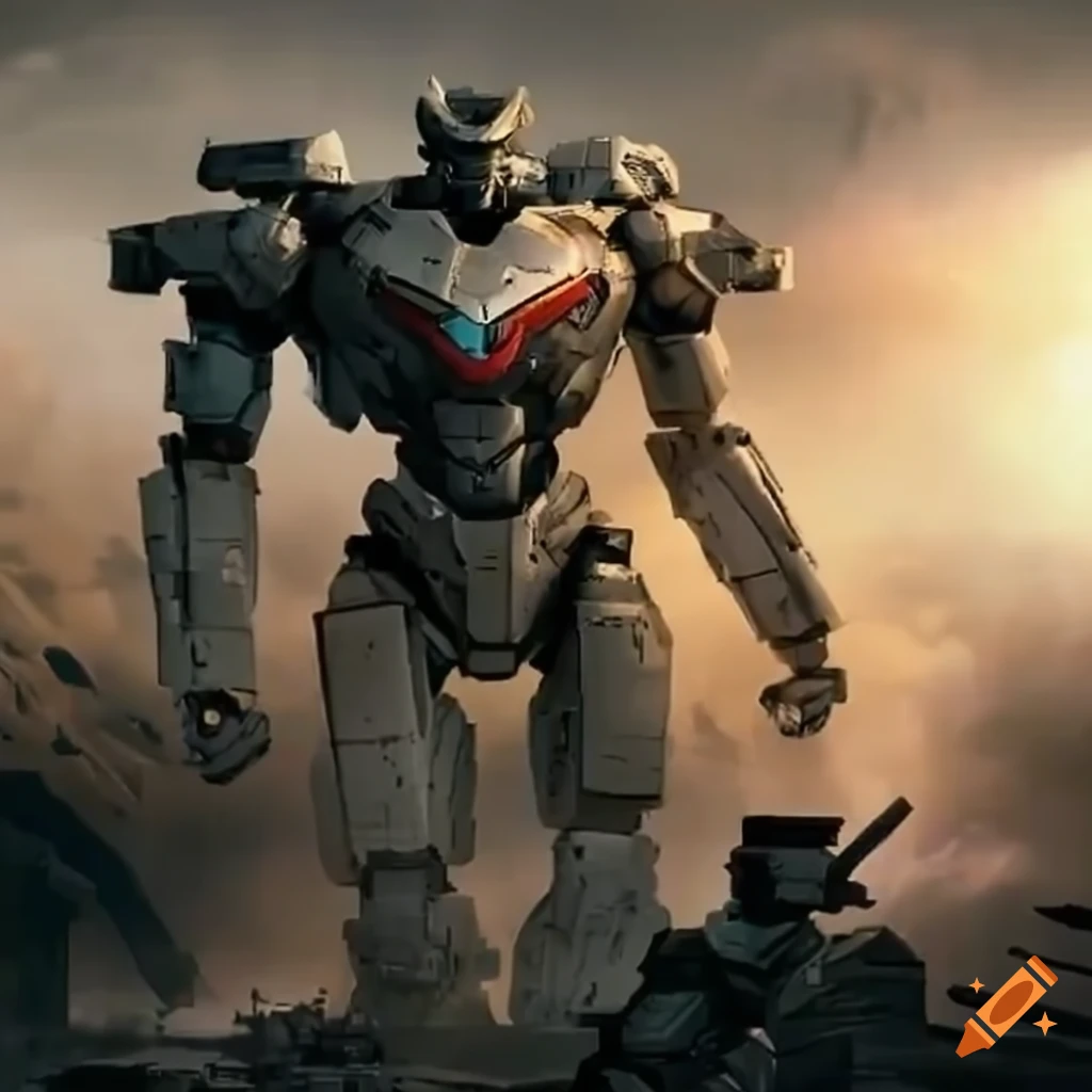 Giant combat mecha in a white-themed war scene on Craiyon