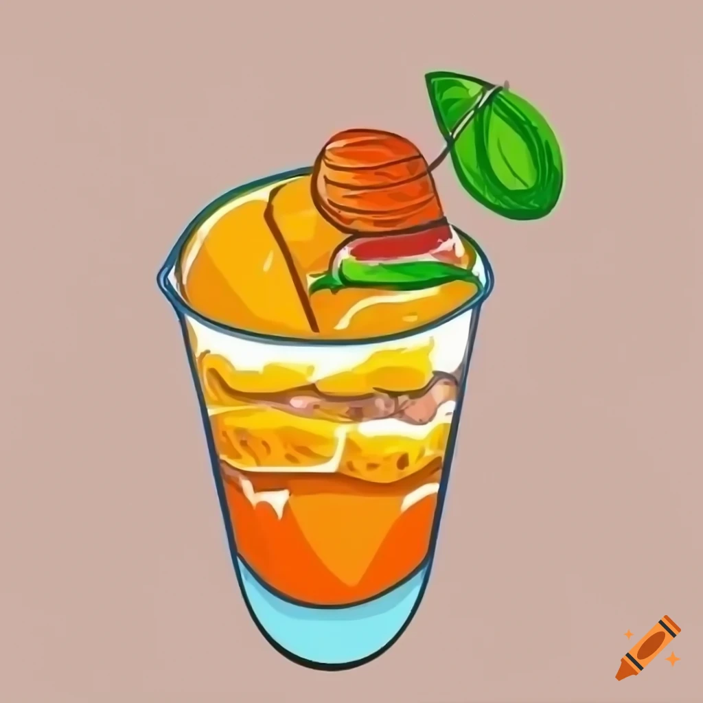 Hand-drawn cute cartoon orange mango parfait in a glass for a memorable ...